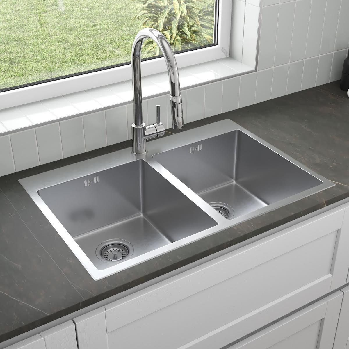 Sauber Inset Double Stainless Steel Kitchen Sink & Drainer Basket