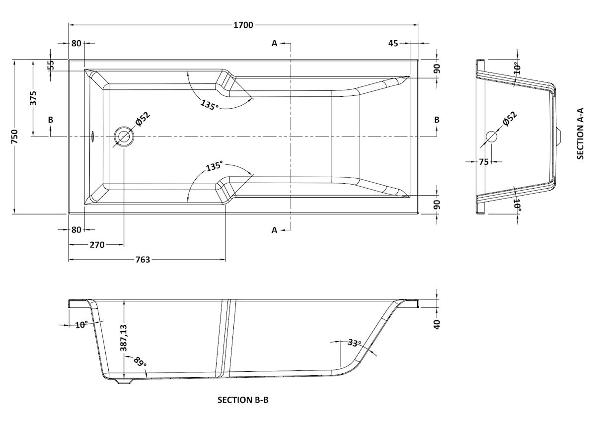 Hudson Reed Eternalite Linton Shower Bath 1700 x 750mm with Side Panel