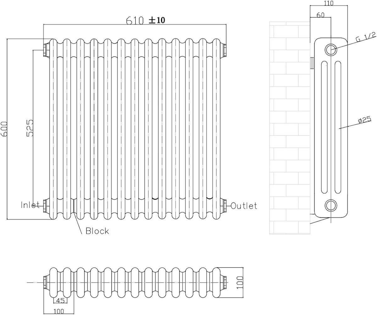 Park Lane Traditional Colosseum Triple Bar Column Radiator Black - 600 ...