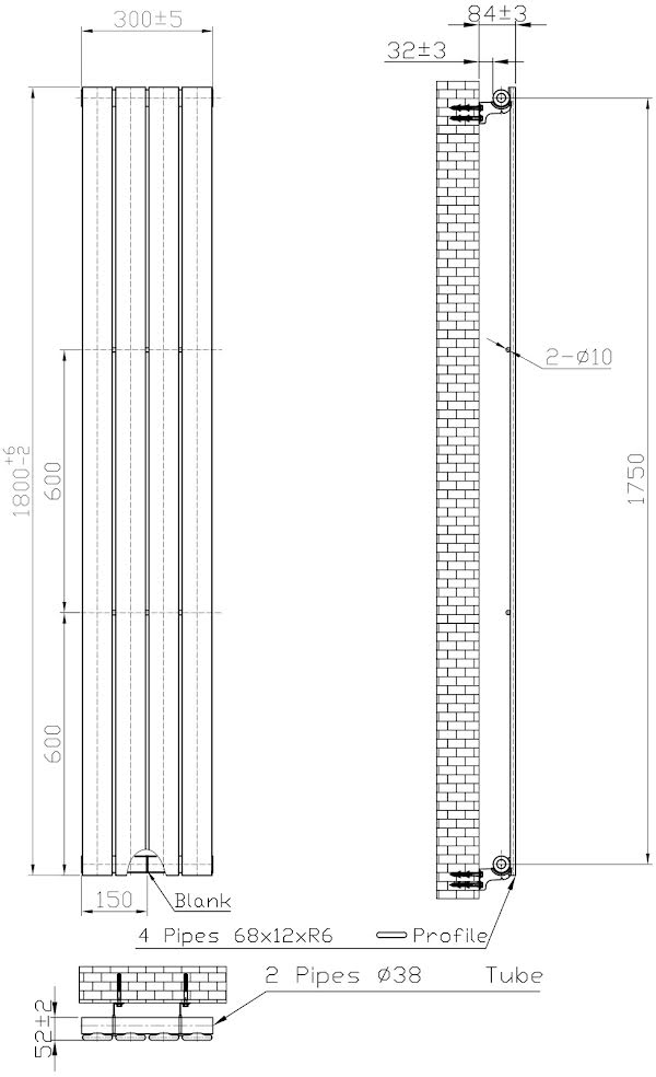 DuraTherm Vert Single Flat Panel Designer Radiator 1800x305 Black