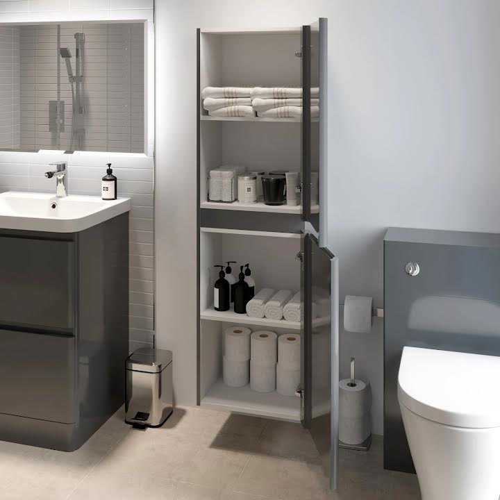 Regis Forma Grey Gloss Wall Hung Tall Bathroom Cabinet - 1400 x 400mm