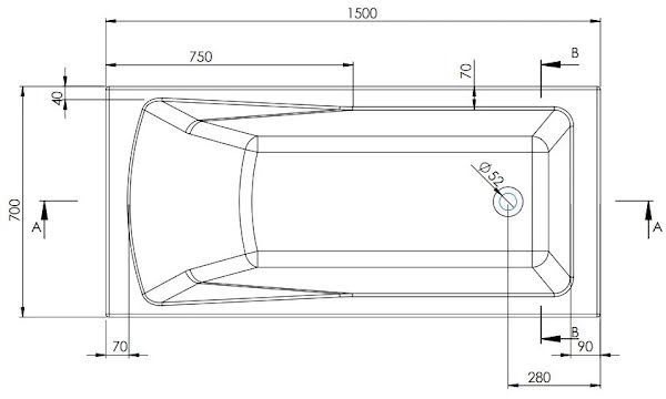Affine Single Ended Wide Square Bath with Side and End Panel 1500 x 700mm