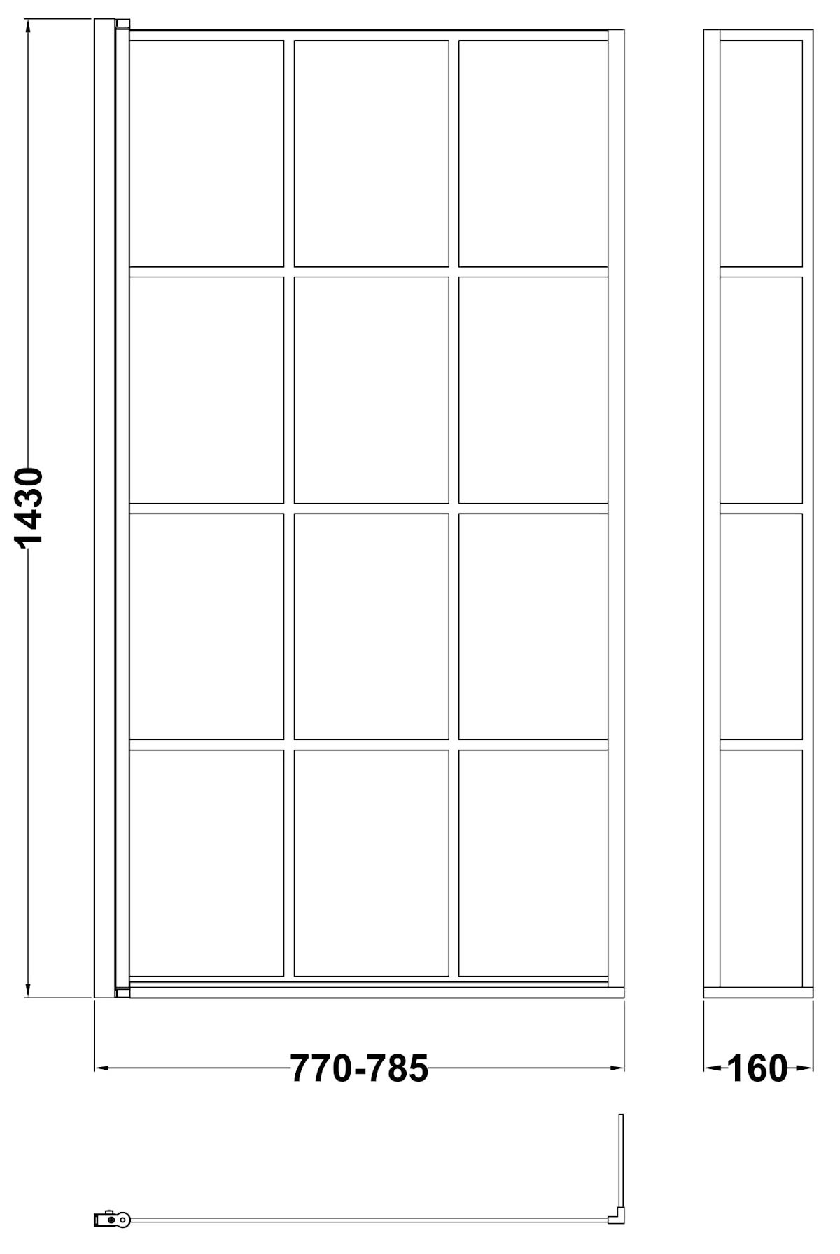 Square Grid Bath Shower Screen with Fixed Return Panel - Black