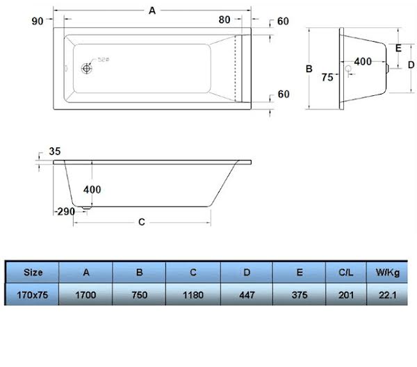 Ceramica Single Ended Square Bath With Side Panel - 1700x750mm