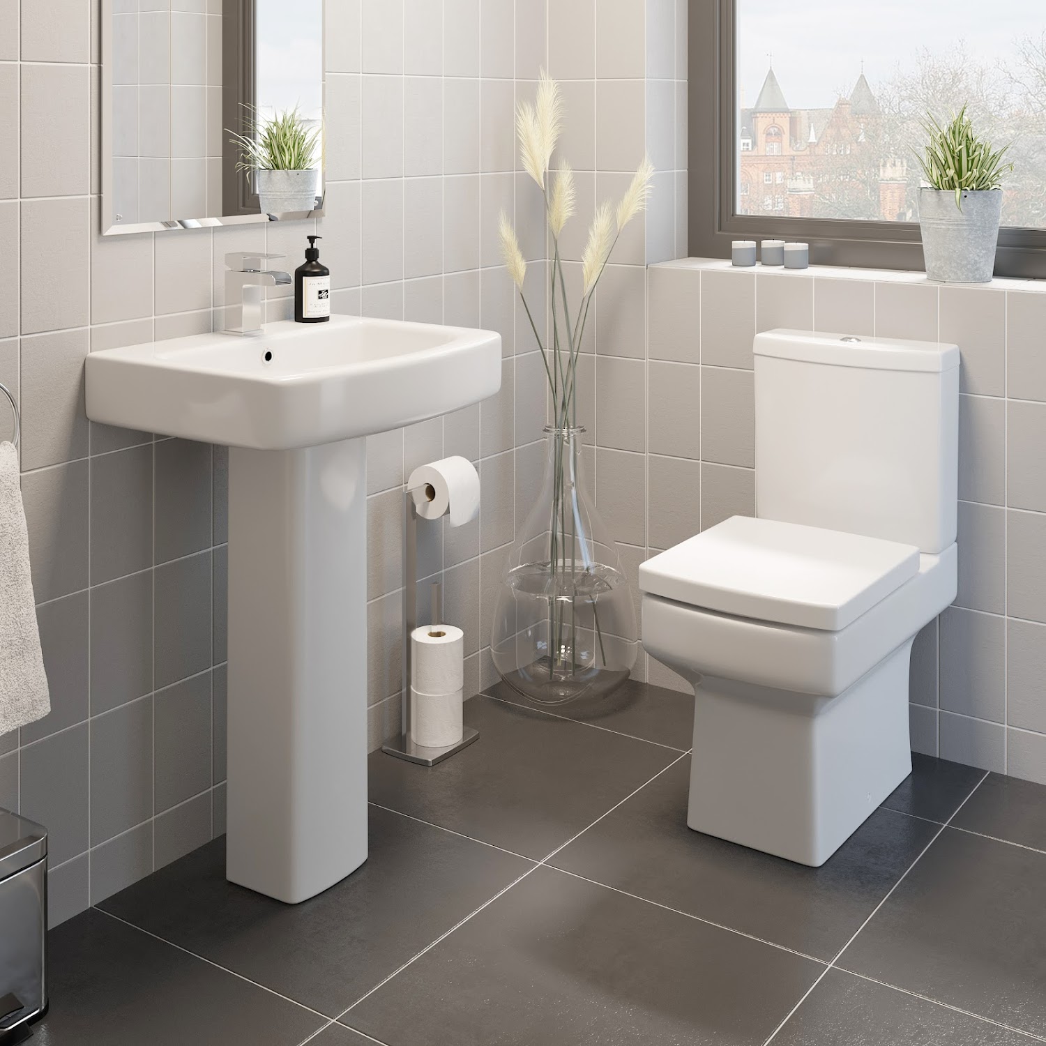 Modern Bathroom Square Basin Sink Full Pedestal Single Tap Hole White