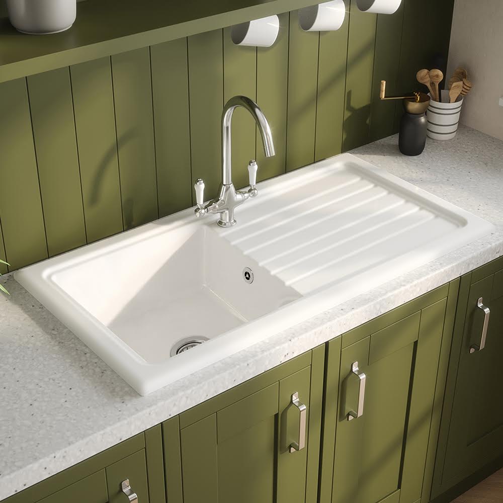 Reginox Traditional White Ceramic Single Bowl Kitchen Sink with Drainer ...