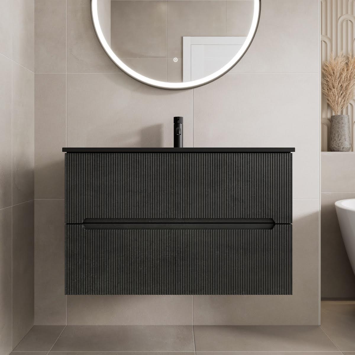 Vitusso Fluted Black Wall Hung Bathroom Vanity Unit with Black Basin 800mm