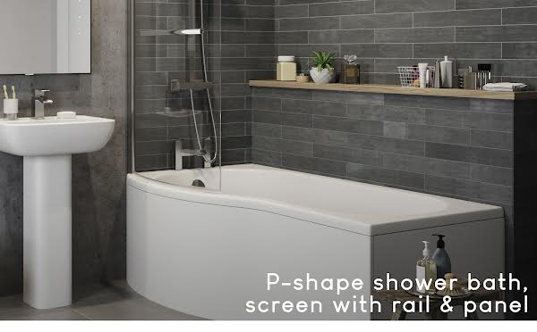 Ceramica P Shaped Bath Bundle 1600 Left - Inc. Shower Screen, Rail and ...