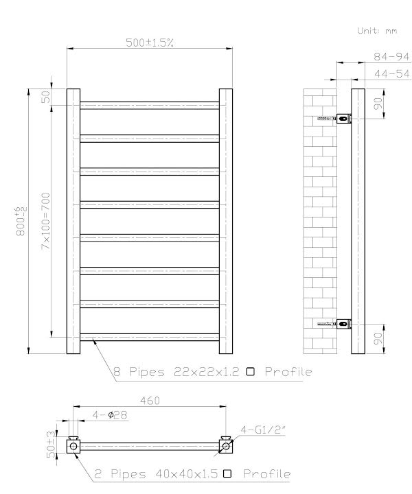 Solaro Square Bar Towel Radiator Chrome - 800 x 500mm