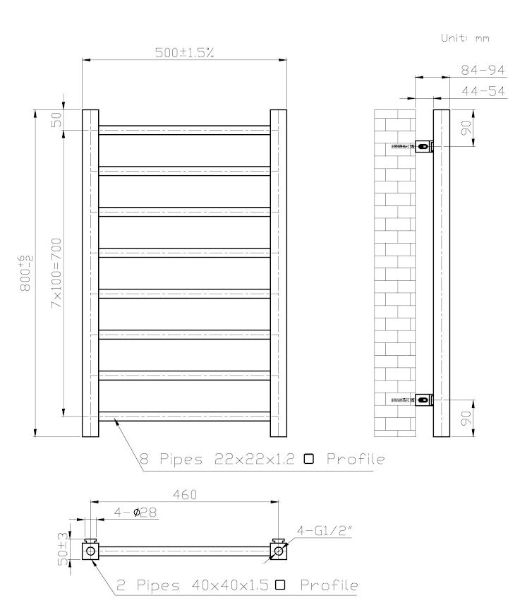 Solaro Square Bar Towel Radiator Chrome - 800 x 500mm