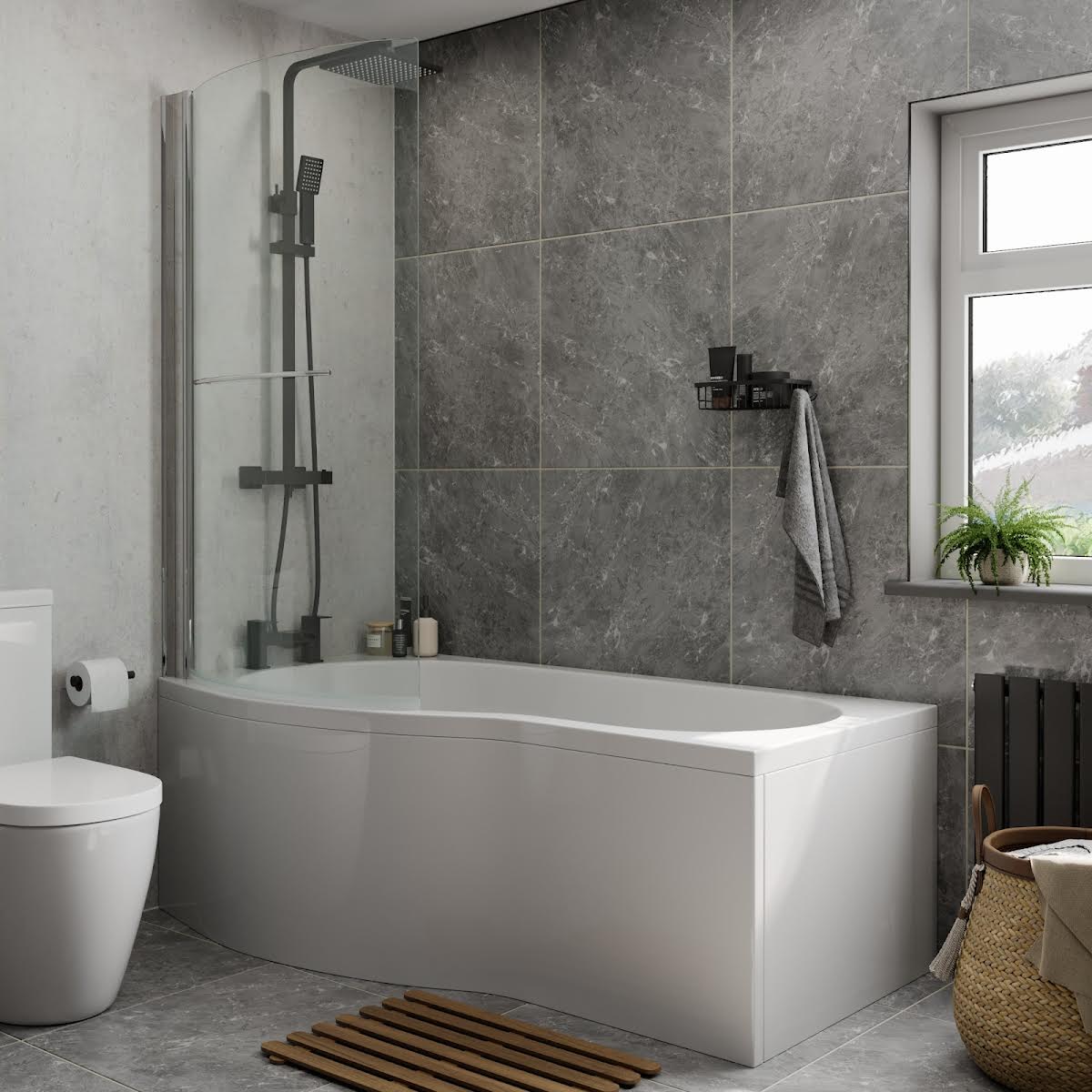 Ceramica P Shaped Bath Bundle 1600 Left - Inc. Shower Screen, Rail and ...