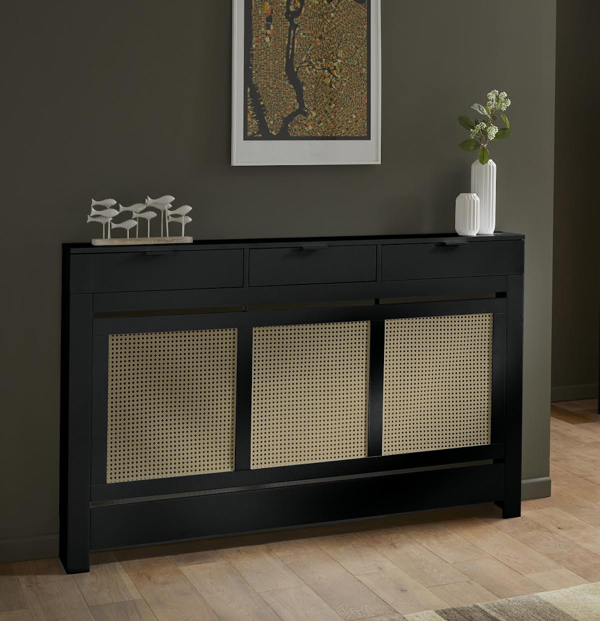 Vale Designs Rattan Black Radiator Cover - Large with Drawers