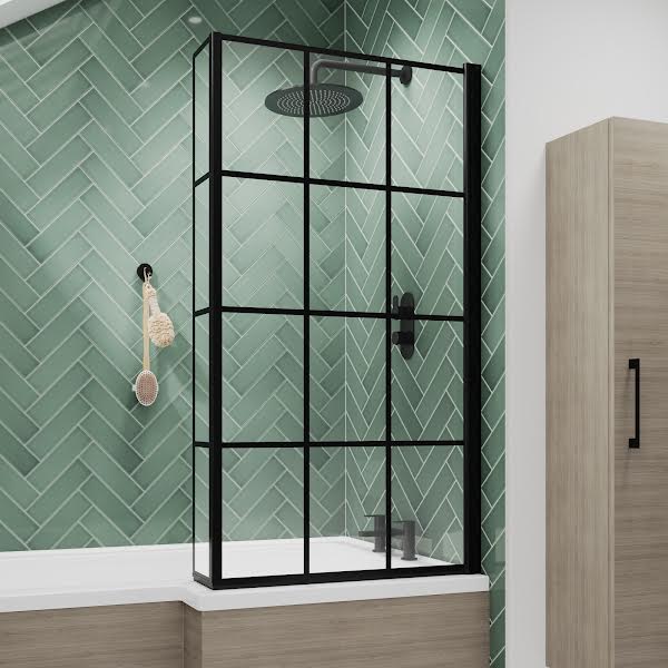 Square Grid Bath Shower Screen with Fixed Return Panel - Black