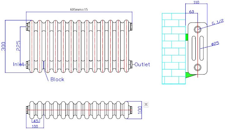 Park Lane Traditional Colosseum Triple Bar Column Radiator Black 300 x ...