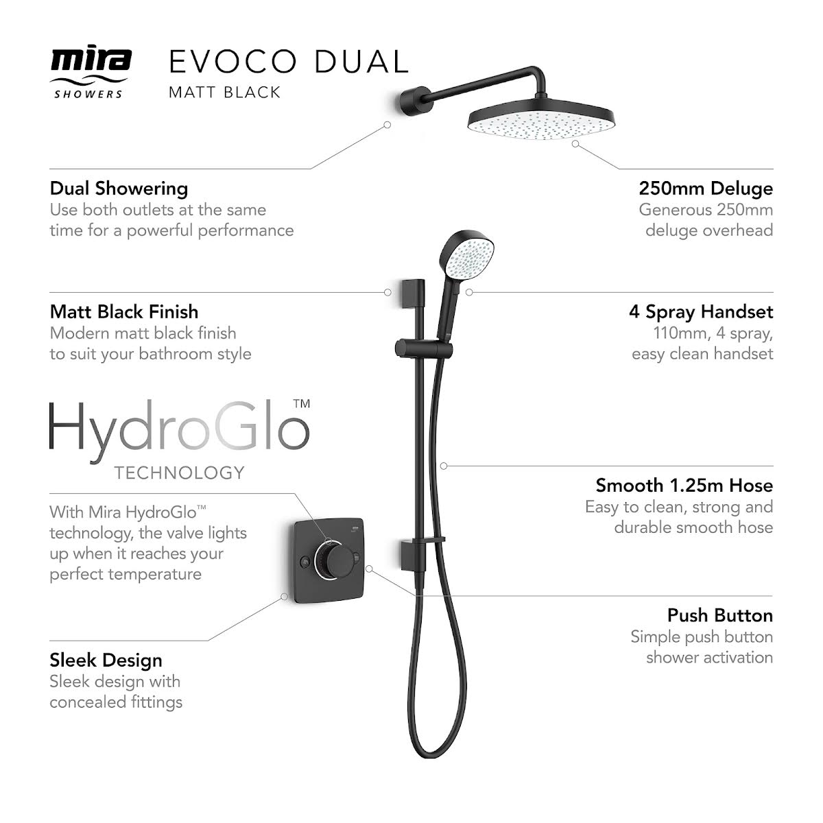 Mira Evoco Thermostatic Mixer Shower with Adjustable & Drencher Heads ...