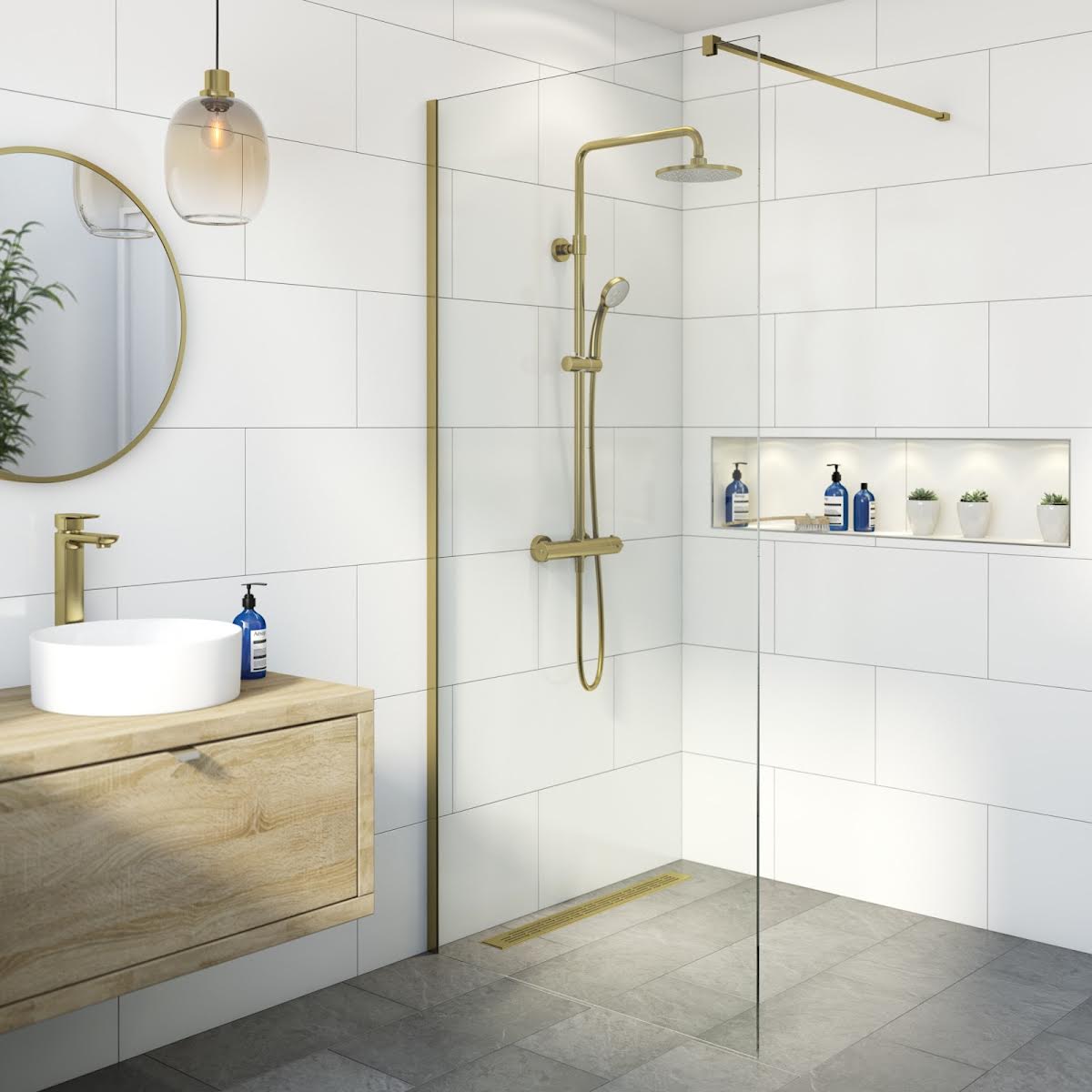 Diamond Wet Room Shower Screen 1100mm - 8mm Brushed Brass