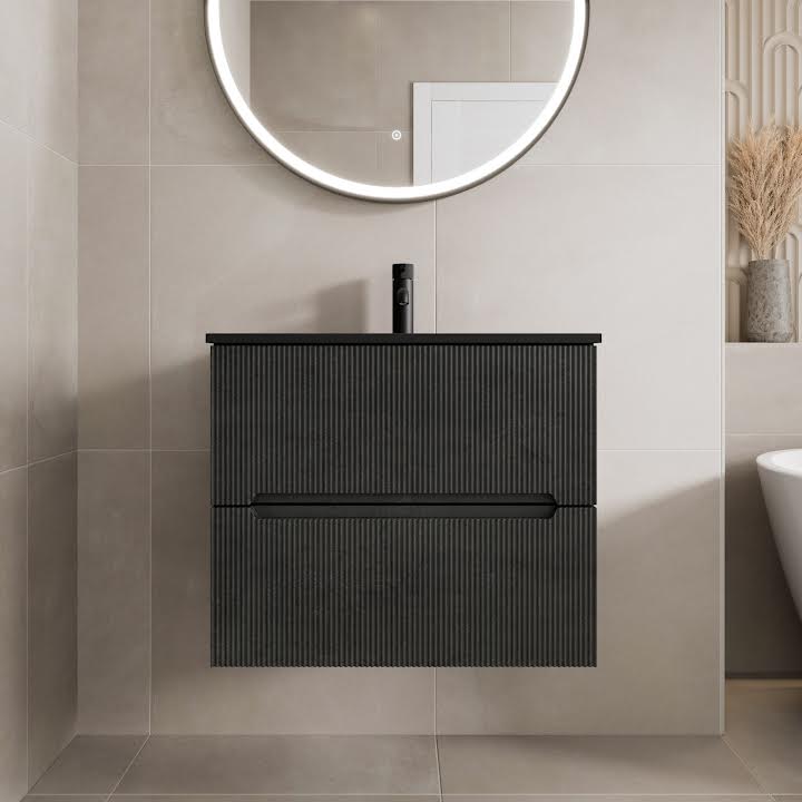 Vitusso Fluted Black Wall Hung Bathroom Vanity Unit with Black Basin 600mm